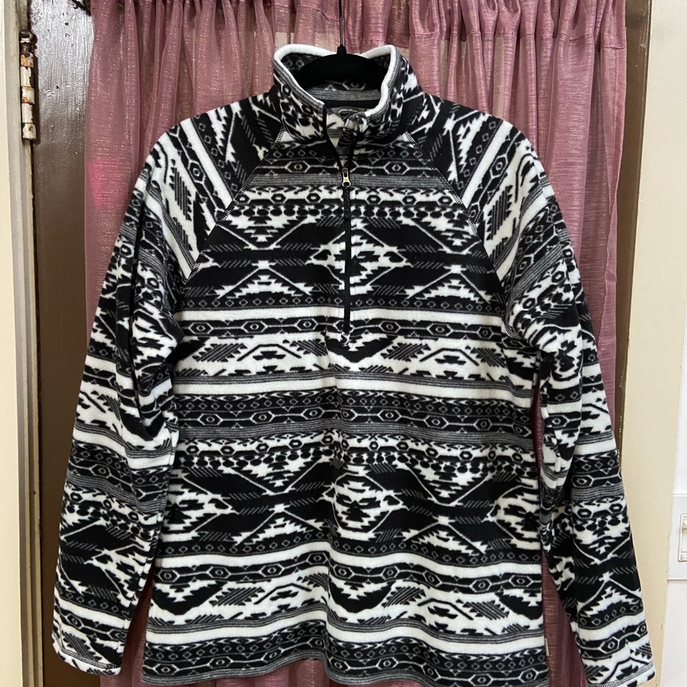 Eddie Bauer Black And White Aztec Print Fleece Pullov… - Gem